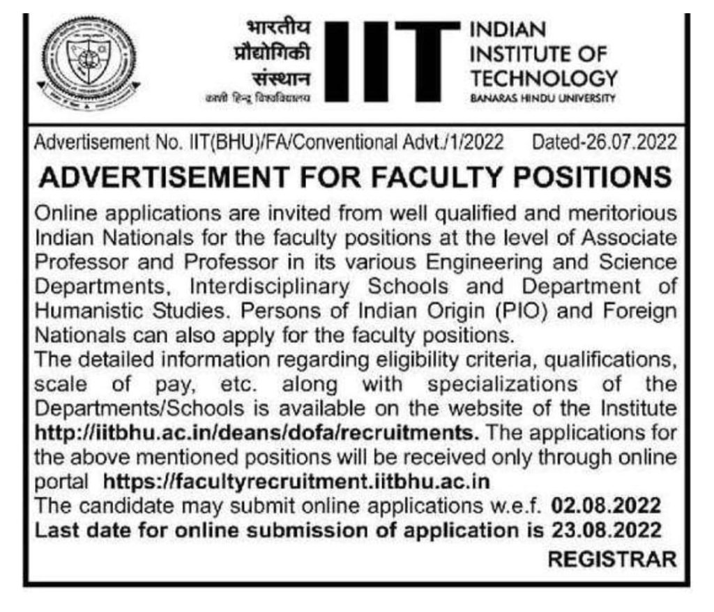 Faculty Recruitment at Indian Institute of Technology – BHU | FacultyPlus