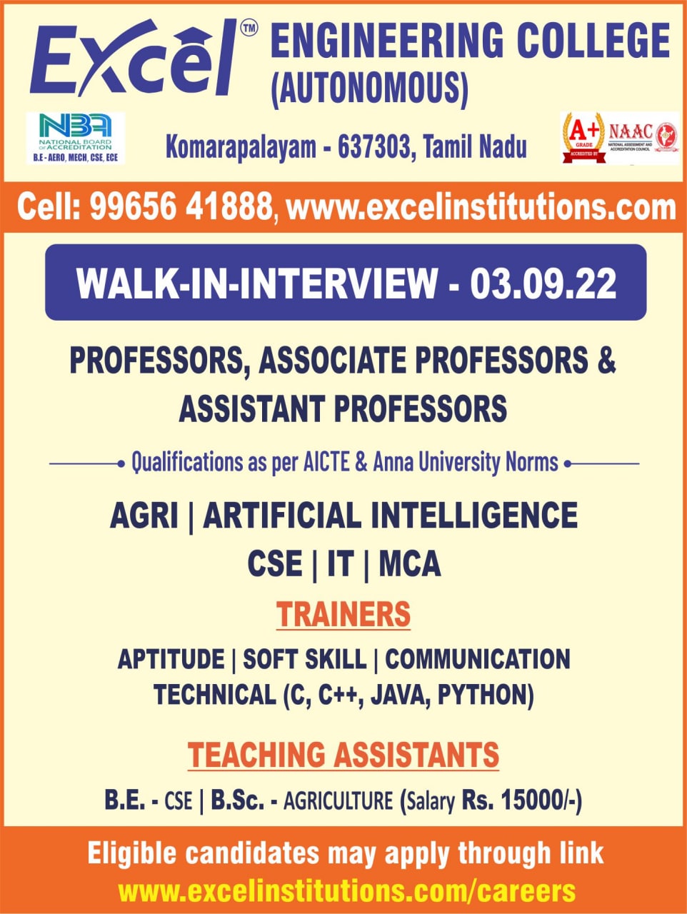 Excel Engineering College, Komarapalayam Wanted Professor/Associate ...