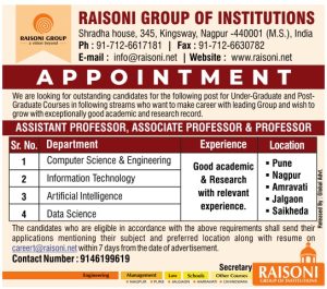 Raisoni Group of Institutions, Nagpur Wanted Professor/Associate ...
