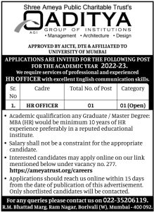 Aditya Group of Institutions, Mumbai Wanted HR Officer | FacultyPlus