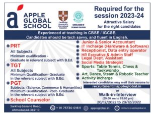 Apple Global School, Ahmedabad Wanted Teachers and Non-Teaching Faculty ...