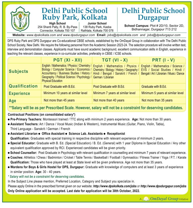 Delhi Public School Ruby Park, Kolkata & Delhi Public School, Durgapur Wanted Teachers and Non ...