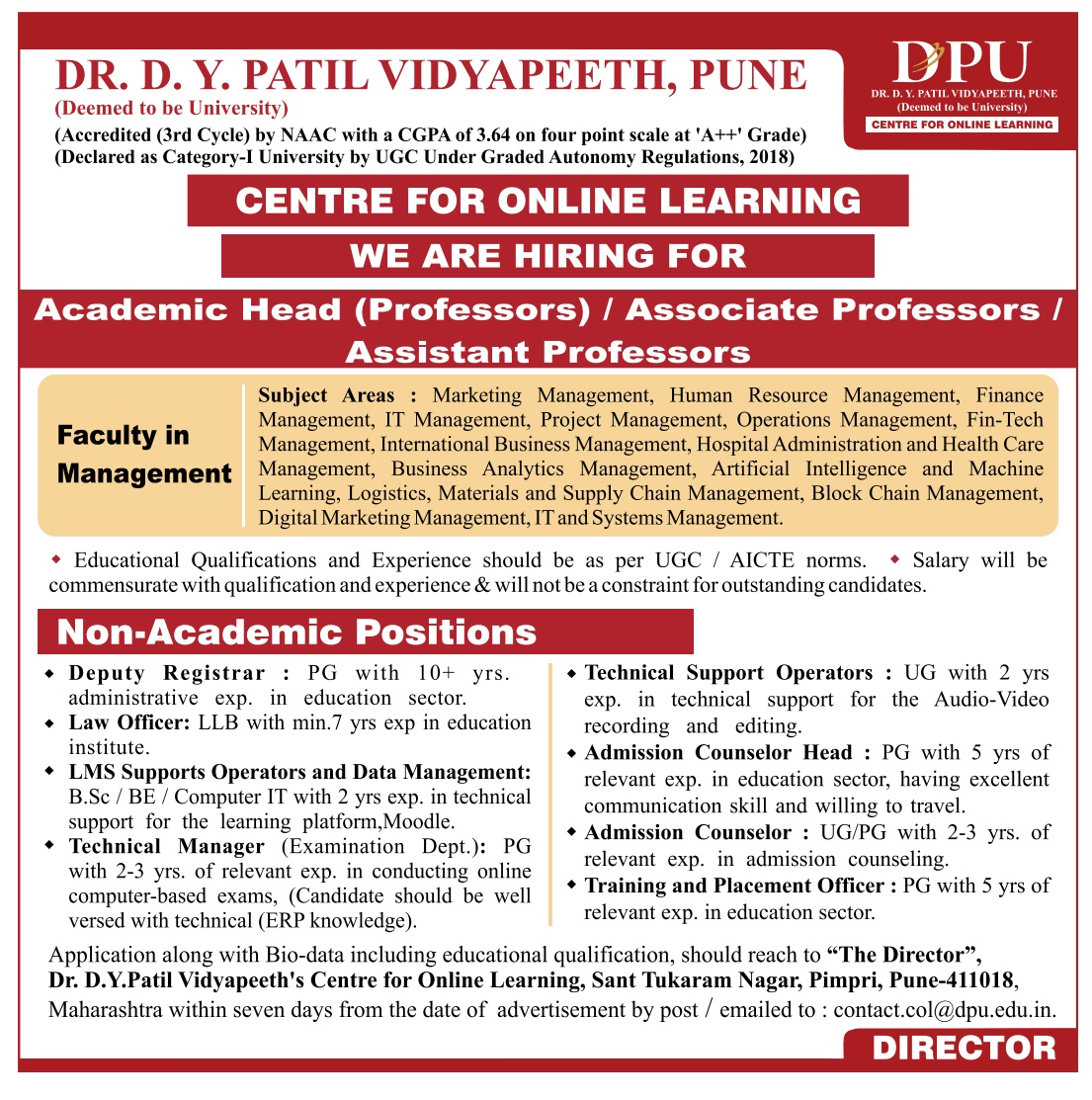 Teaching Jobs / Non-Teaching Jobs at Dr.D.Y.Patil Vidyapeeth, Pune | FacultyPlus