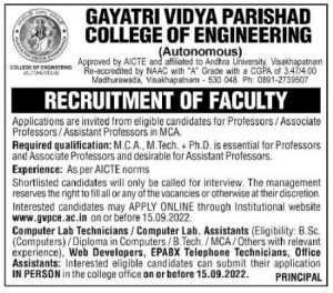 Gayatri Vidya Parishad College of Engineering, Visakhapatnam Wanted Professors/ Associate ...