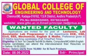 Global College of Engineering and Technology, Kadapa Wanted Lecturers, Lab Assistants/ Lab ...
