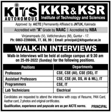 KKR & KSR Institute of Technology and Sciences, Guntur Wanted Teaching and Non-Teaching Faculty ...