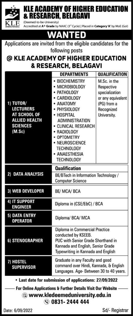 KLE Academy of Higher Education and Research, Belagavi Wanted Lecturers | FacultyPlus