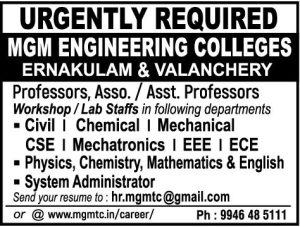 MGM Engineering Colleges, Ernakulam and Valanchery Wanted Professor/Associate Professor ...