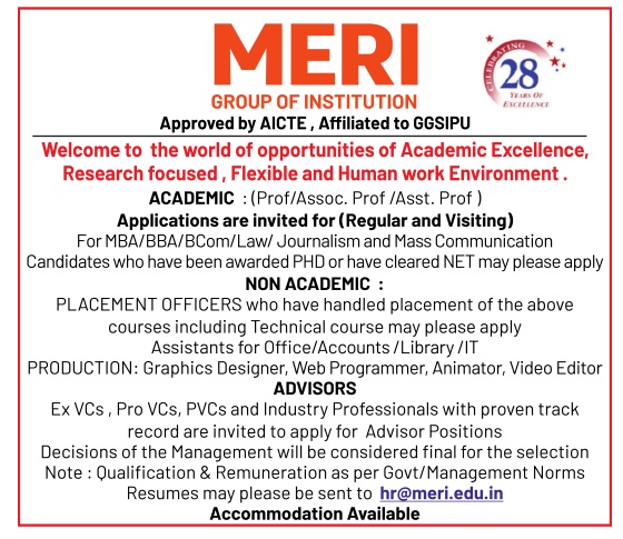 MERI Group of Institutions, New Delhi – Teaching Jobs/Non-Teaching Jobs Vacancy | FacultyPlus