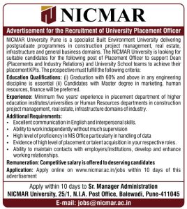 NICMAR University, Pune Wanted Placement Officer | FacultyPlus
