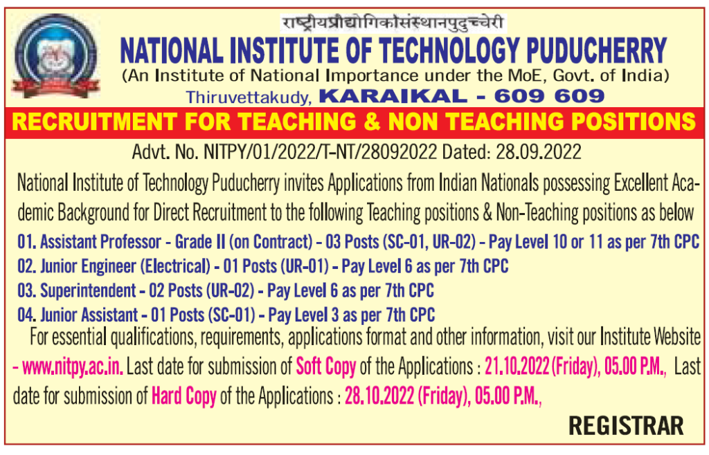 Teaching Jobs/Non-Teaching Jobs at National Institute of Technology Puducherry, Karaikal ...