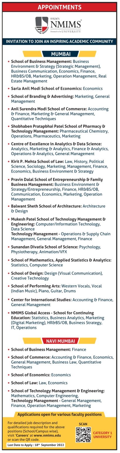 SVKM’s NMIMS Deemed to be University, Mumbai Wanted Teaching Jobs | FacultyPlus