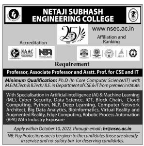 Netaji Subhash Engineering College, Kolkata Wanted Professor/ Associate ...