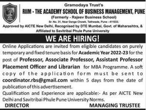 RIIM The Academy School of Business Management, Pune Wanted Professor/Associate Professor ...