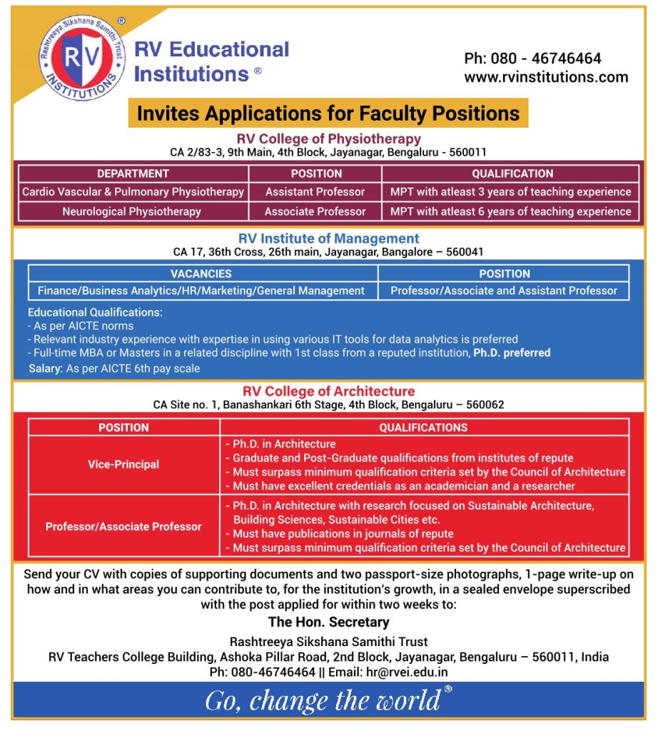 RV Educational Institutions, Bengaluru Wanted Vice-Principal, Professor/ Associate Professor ...