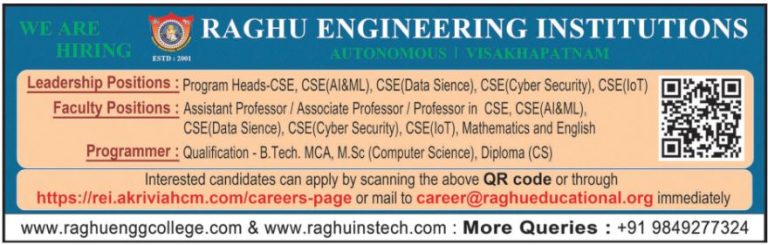 Raghu Engineering Institutions, Visakhapatnam Wanted Professor/Associate Professor/Assistant ...