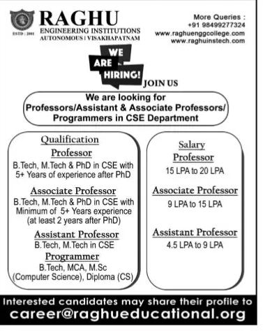 Raghu Engineering Institutions, Visakhapatnam Wanted Professor ...