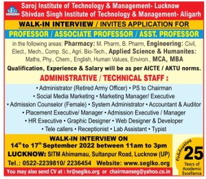Saroj Educational Group, Lucknow Wanted Teaching and Non-Teaching Faculty | FacultyPlus