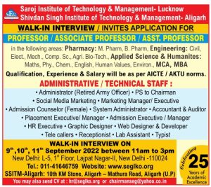 Saroj Educational Group, Lucknow Wanted Teaching and Non-Teaching Faculty | FacultyPlus