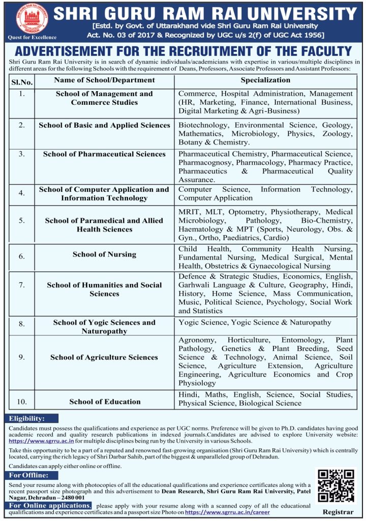 Faculty Recruitment 2023 at Shri Guru Ram Rai University, Dehradun | FacultyPlus