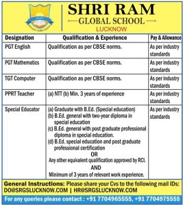 Shri Ram Global School, Lucknow Wanted PGT/TGT/PPRT Teachers and Special Educator | FacultyPlus