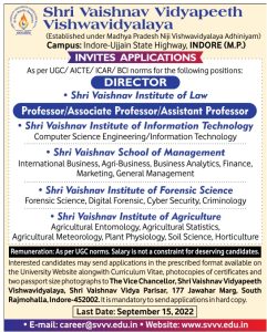 Shri Vaishnav Vidyapeeth Vishwavidyalaya, Indore Wanted Professor/Associate Professor/Assistant ...