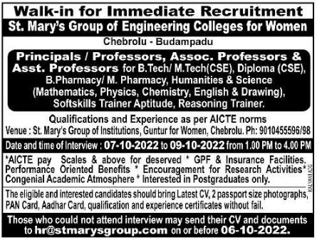 Faculty Recruitment at St.Mary’s Group of Engineering Colleges for ...