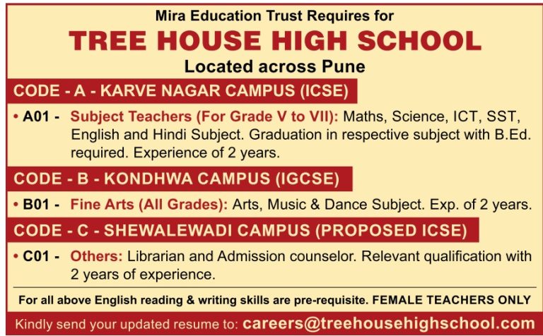 Tree House High School, Pune Wanted Teaching and Non-Teaching Faculty ...