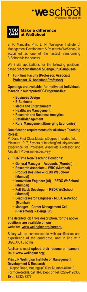 S.P. Mandali’s We School Welingkar Education, Mumbai Wanted Teaching ...