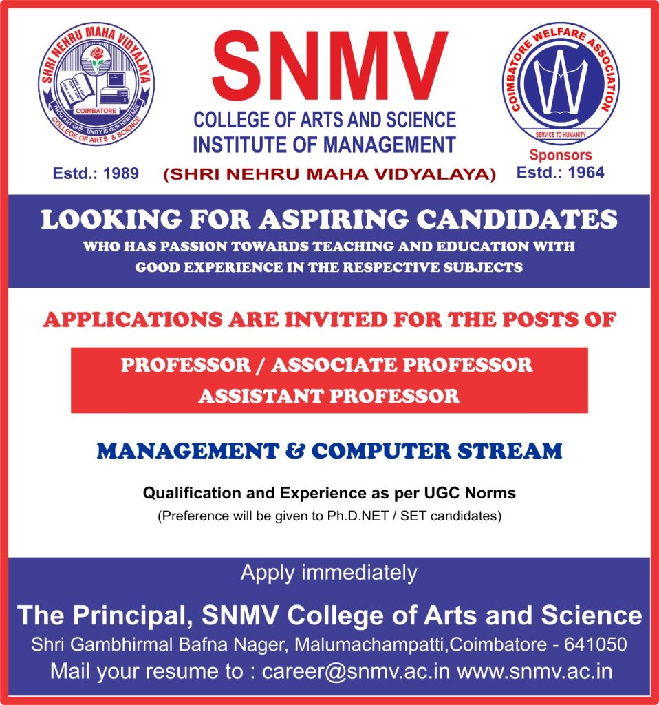 SNMV College of Arts and Science, Coimbatore Wanted Dean/Professor ...