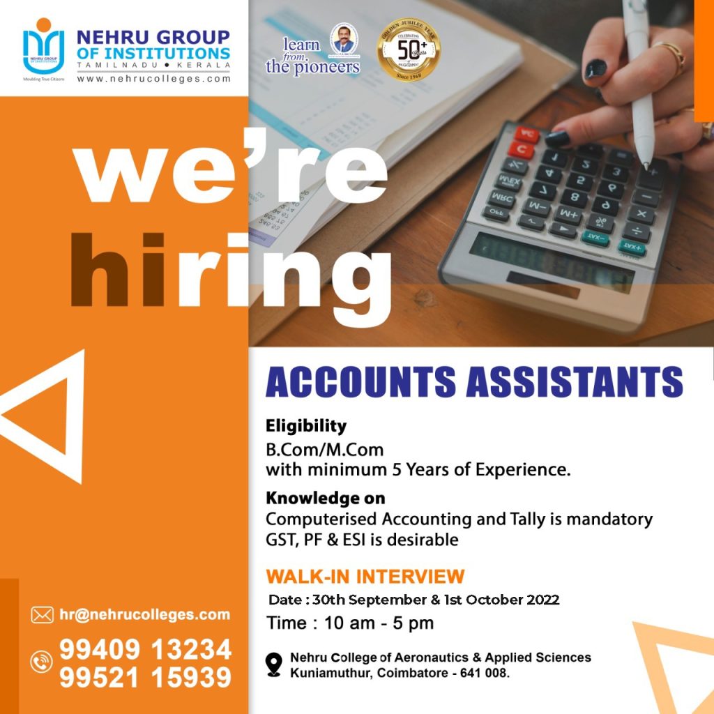 Nehru Group of Institutions, Coimbatore Wanted Accounts Assistant | FacultyPlus