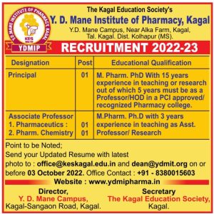 The Kagal Education Society’s Y.D. Mane Institute of Pharmacy, Kagal ...