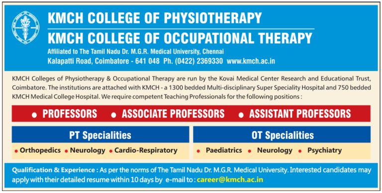 KMCH College Of Physiotherapy and KMCH College of Occupational Therapy , Coimbatore, Wanted ...