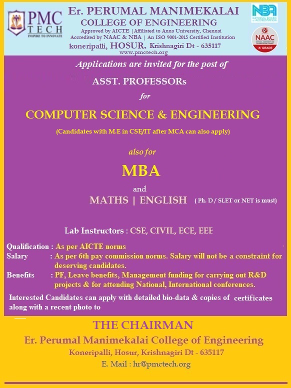 Faculty Recruitment 2022 at PMC Tech Er. Perumal Manimekalai College of ...