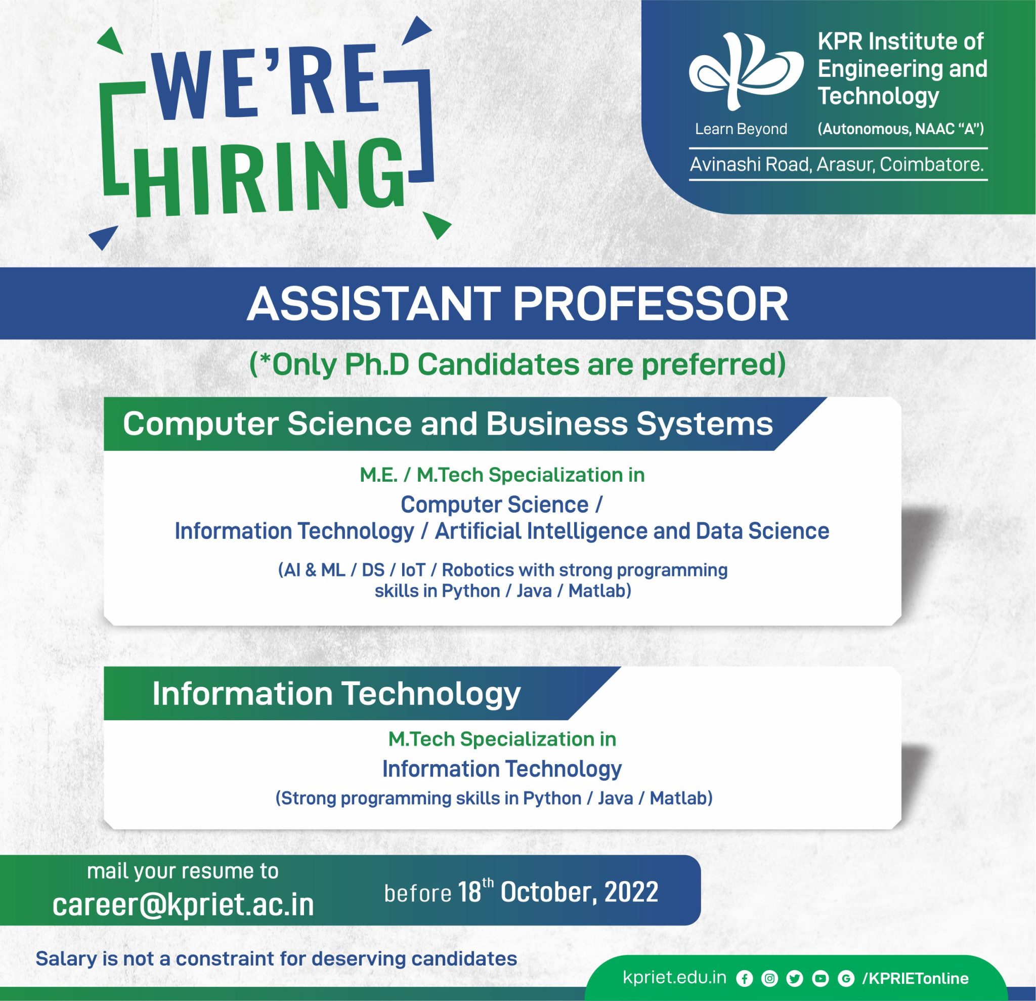 KPR Institute of Engineering and Technology, Coimbatore wanted Assistant Professor | FacultyPlus