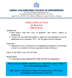 Annai Vailankanni College of Engineering (AVCE), Kanyakumari Wanted Principal | FacultyPlus