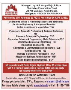 ATRIA Institute of Technology, Bangalore wanted Professor / Associate Professor and Assistant ...