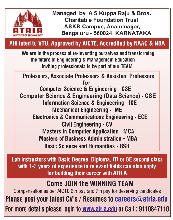 Atria Institute Of Technology Bangalore Wanted Professor Associate