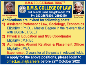 BMS College of Law, Bengaluru wanted Assistant Professor and Non ...