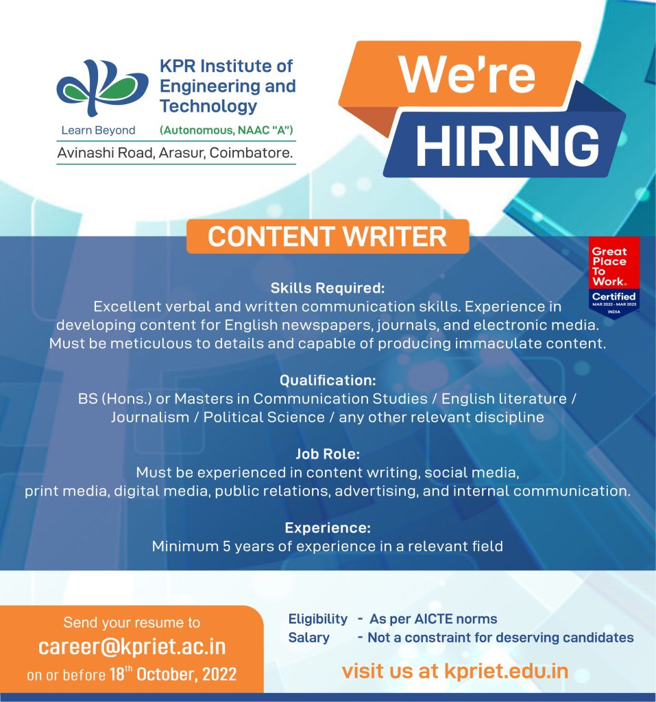 KPR Institute of Engineering and Technology, Coimbatore wanted Content ...