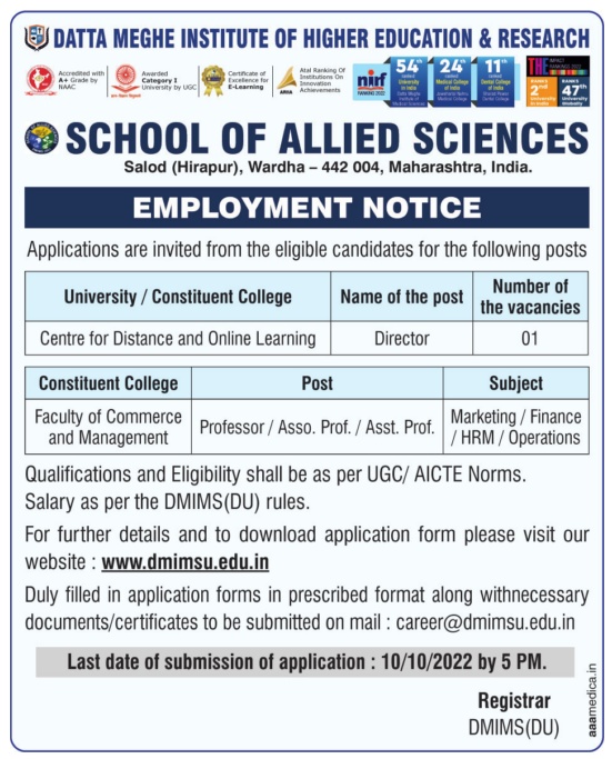 Datta Meghe Institute of Higher Education and Research, Wardha Wanted ...