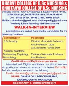 Dharvi College of B.Sc Nursing and Chaitanya college of B.Sc Nursing wanted Teaching Faculty ...