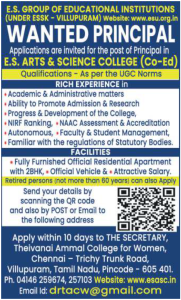 E.S Arts and Science College, Villupuram Wanted Principal | FacultyPlus