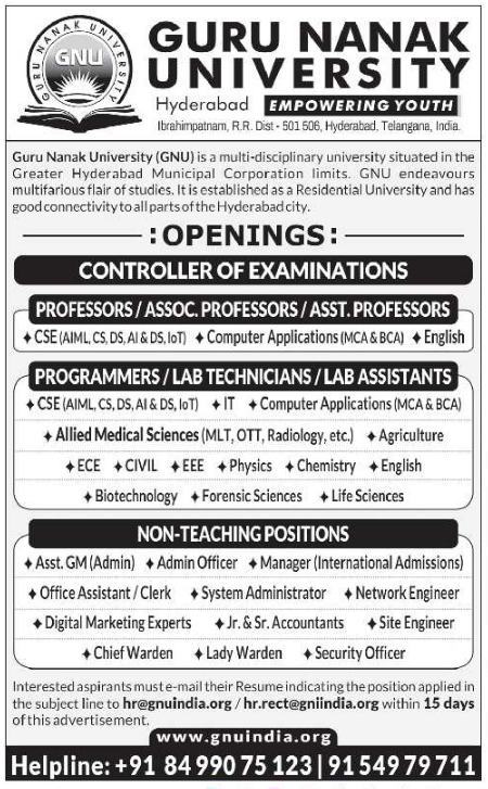 Teaching Jobs and Non-Teaching Jobs at Guru Nanak University, Hyderabad | FacultyPlus