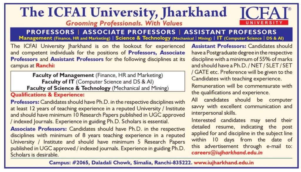 ICFAI University, Jharkhand Wanted Professor / Associate Professor and Assistant Professor ...