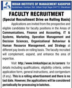 IIM Kashipur, Uttarakhand Wanted Professor/Associate Professor/Assistant Professor (Special ...