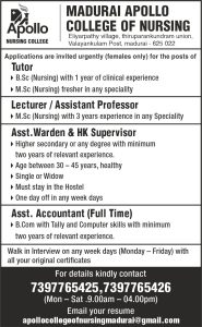 Madurai Apollo College of Nursing Wanted Faculty | FacultyPlus