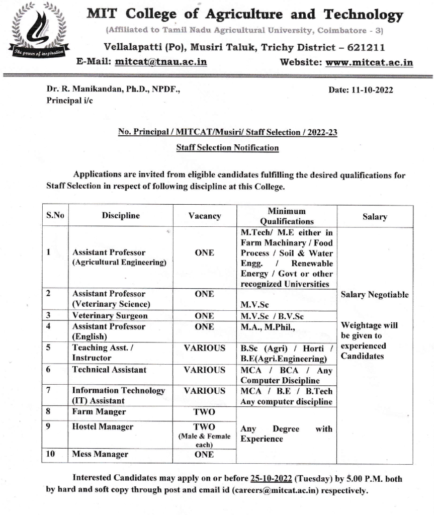 MIT College of Agriculture and Technology, Musiri Wanted Faculty | FacultyPlus