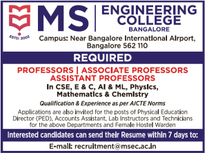 MS Engineering College, Bengaluru wanted Professor/ Associate Professor ...