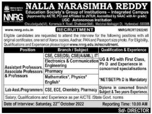 Nalla Narasimha Reddy Group of Institutions, Hyderabad Wanted Teaching ...